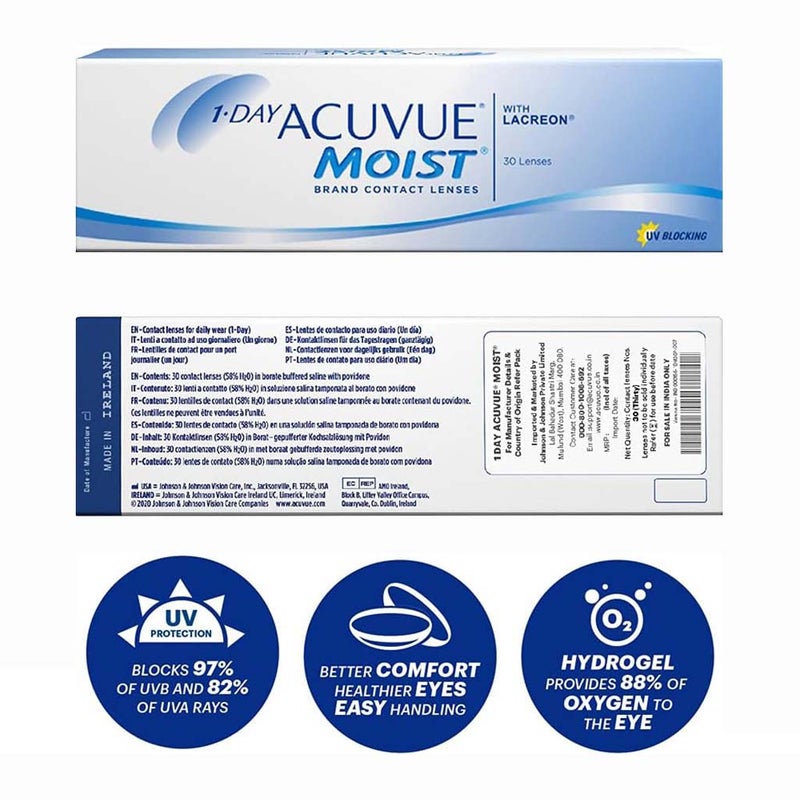 Buy Acuvue Moist 1-Day Clear Contact Lenses, Base Curve 8.5, Power -3.25, Pack of 30's - myAster ...